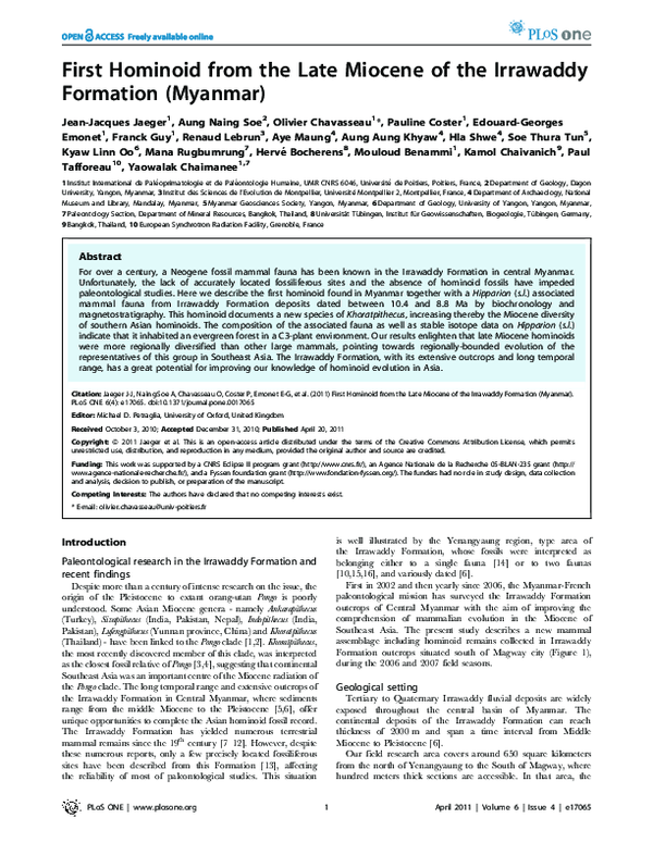 Pdf First Hominoid From The Late Miocene Of The Irrawaddy Formation Myanmar Soe Tun
