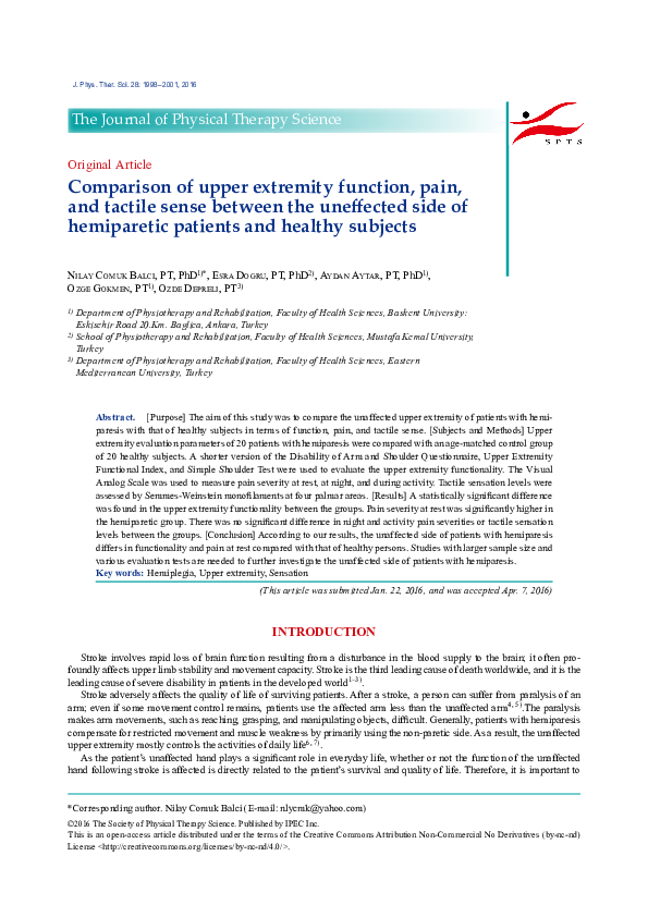 (PDF) Comparison of upper extremity function, pain, and tactile sense between the uneffected ...