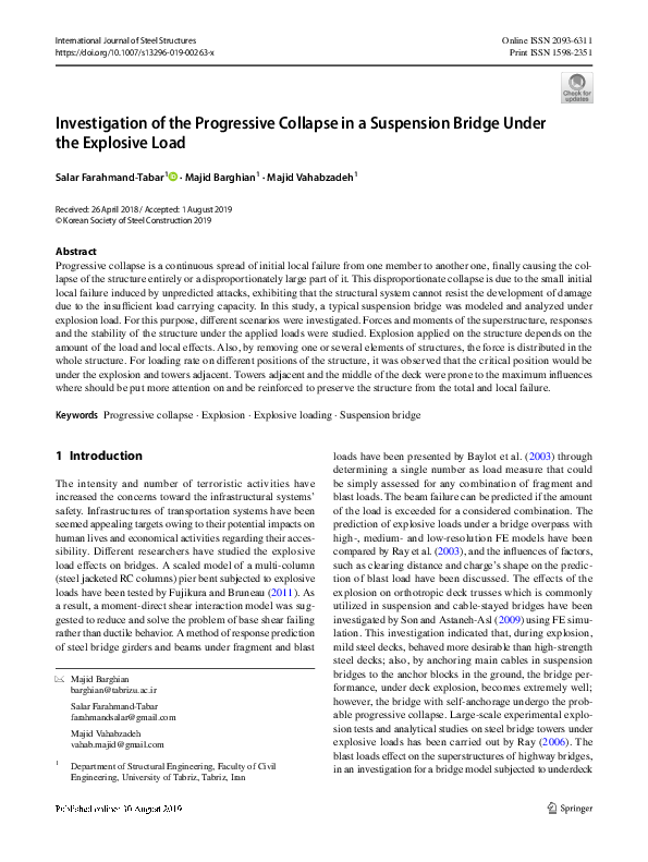 (PDF) Investigation of the Progressive Collapse in a Suspension Bridge ...