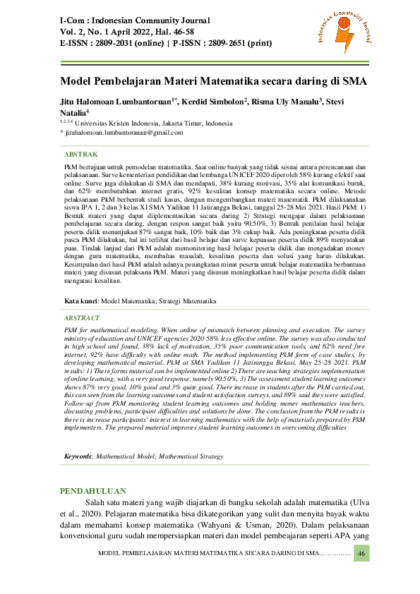 (PDF) Model Pembelajaran Materi Matematika secara daring di SMA