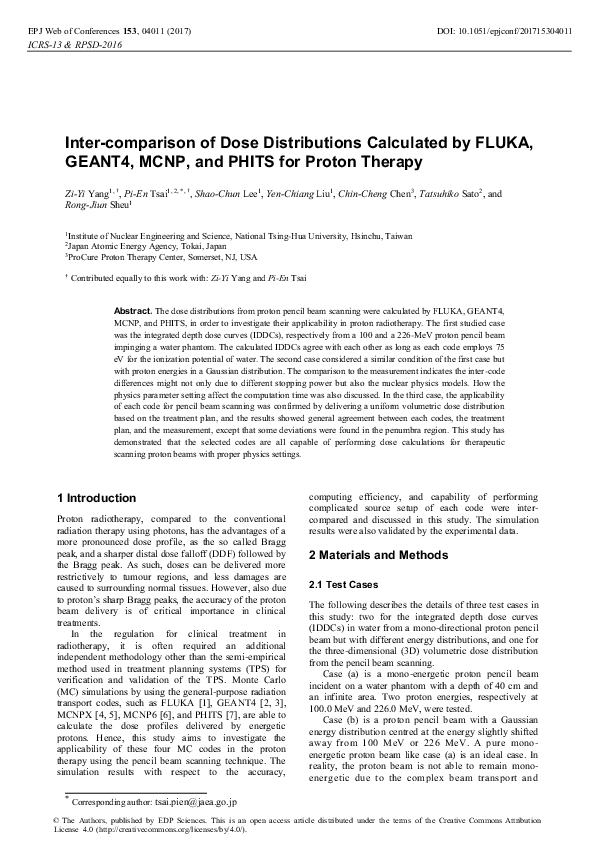 (PDF) Inter-comparison of Dose Distributions Calculated by FLUKA, GEANT4, MCNP, and PHITS for ...