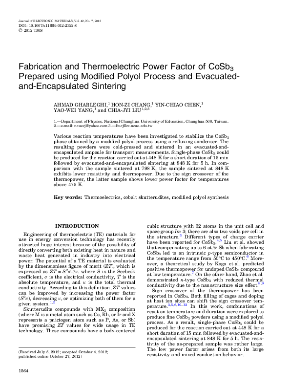 (PDF) Fabrication and Thermoelectric Power Factor of CoSb3 Prepared ...