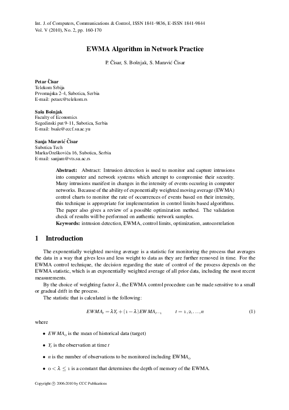 (PDF) EWMA Algorithm in Network Practice | Sasa Bosnjak - Academia.edu