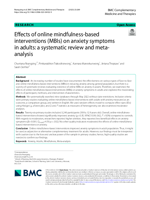 (PDF) Effects of online mindfulness-based interventions (MBIs) on anxiety symptoms in adults: a ...