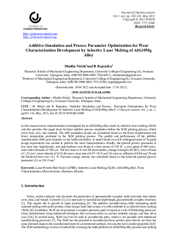 Pdf Additive Simulation And Process Parameter Optimization For Wear