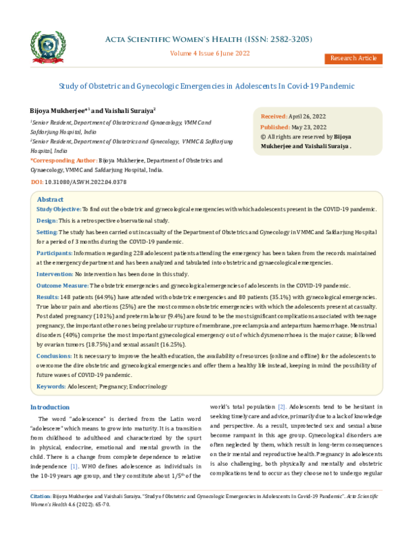 (PDF) Study of Obstetric and Gynecologic Emergencies in Adolescents In ...