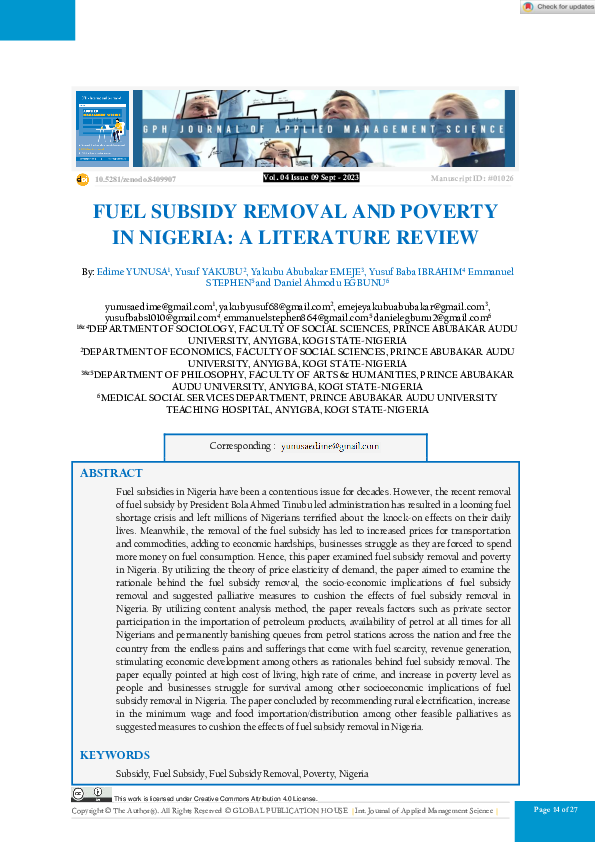 (PDF) FUEL SUBSIDY REMOVAL AND POVERTY IN NIGERIA: A LITERATURE REVIEW