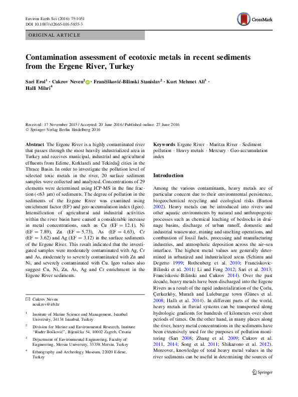 (PDF) Contamination assessment of ecotoxic metals in recent sediments ...