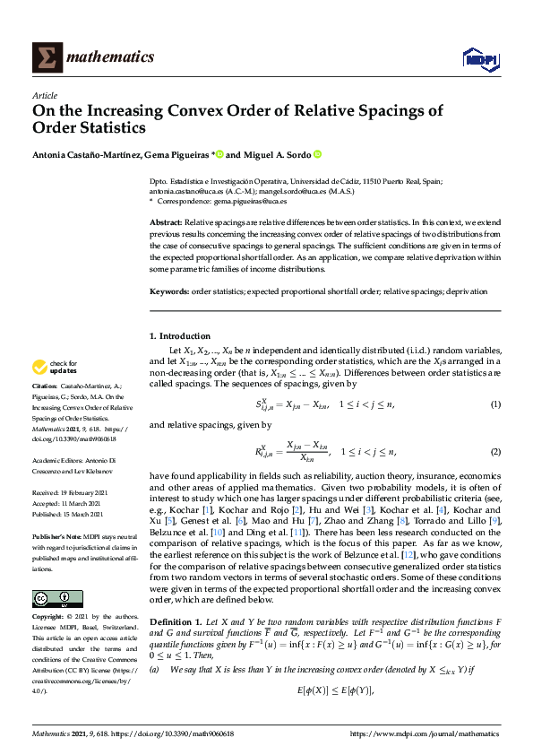 (PDF) On the Increasing Convex Order of Relative Spacings of Order Statistics