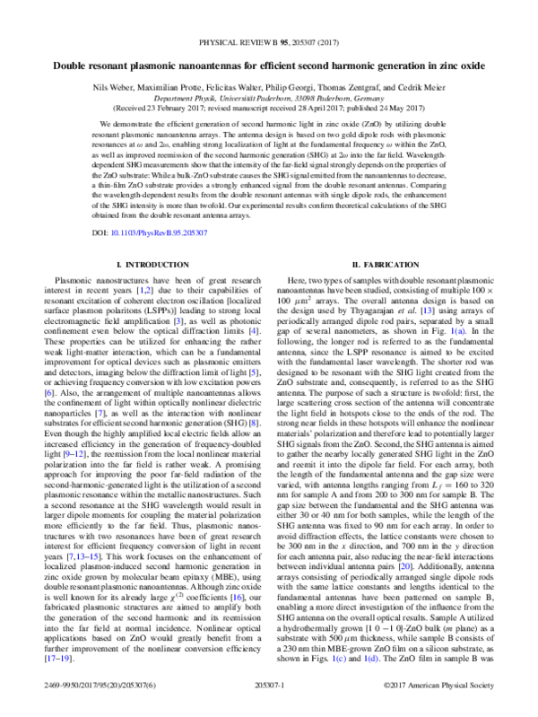 (PDF) Double resonant plasmonic nanoantennas for efficient second harmonic generation in zinc oxide