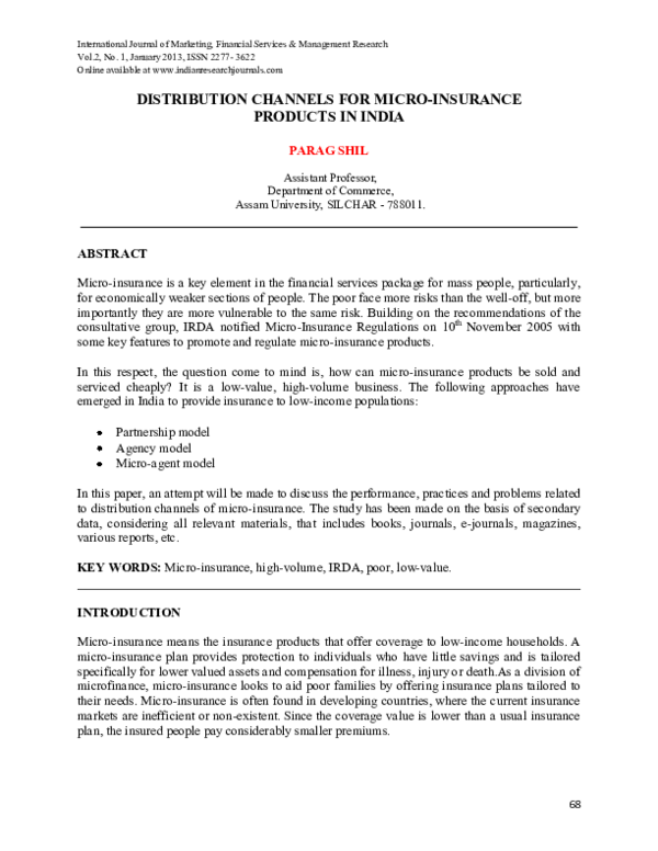 (PDF) Distribution Channels for Micro-insurance Products in India