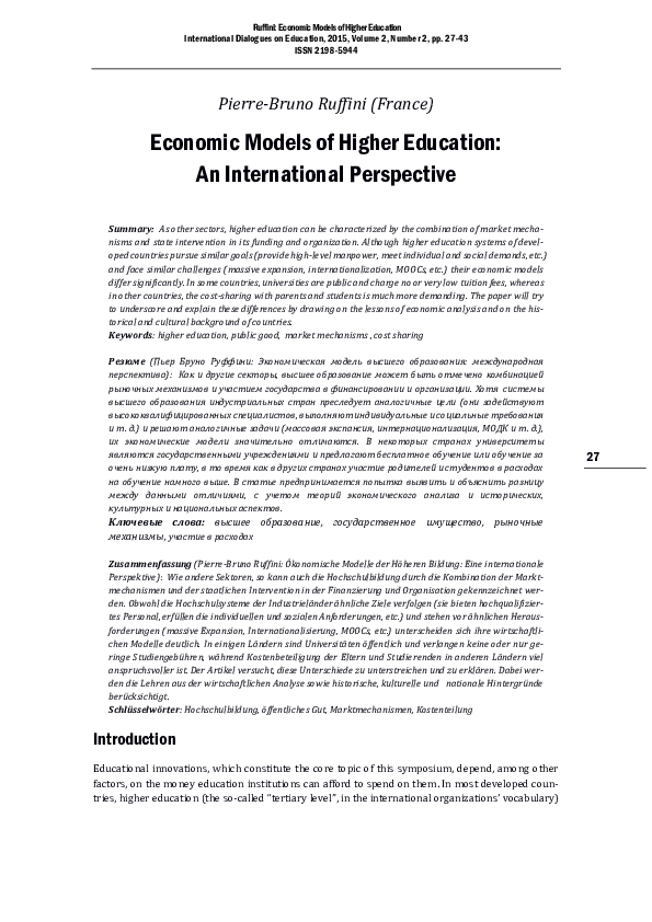 (PDF) Economic Models of Higher Education: An International Perspective