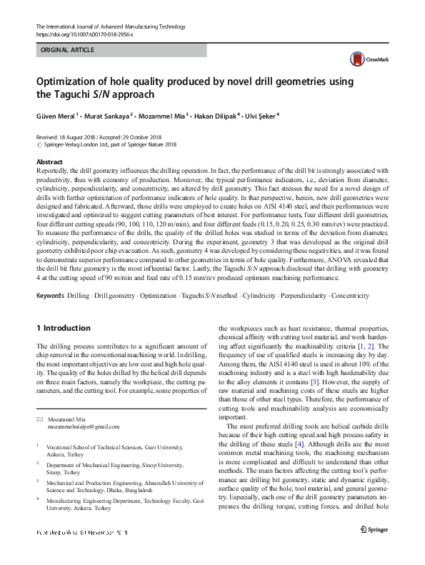 (PDF) Optimization of hole quality produced by novel drill geometries using the Taguchi S/N approach