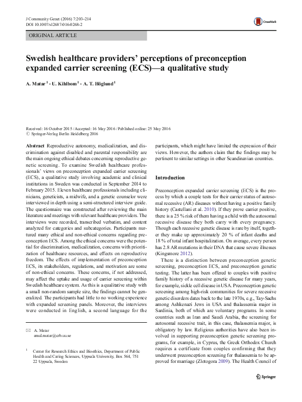 (PDF) Swedish healthcare providers’ perceptions of preconception expanded carrier screening (ECS ...