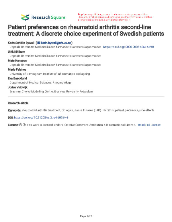 (PDF) Patient preferences on rheumatoid arthritis second-line treatment ...