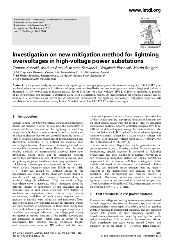 Pdf Investigation On New Mitigation Method For Lightning Overvoltages