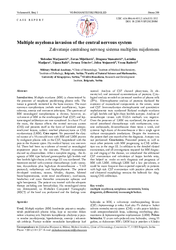 (PDF) Multiple myeloma invasion of the central nervous system | Dragana Stamatovic - Academia.edu