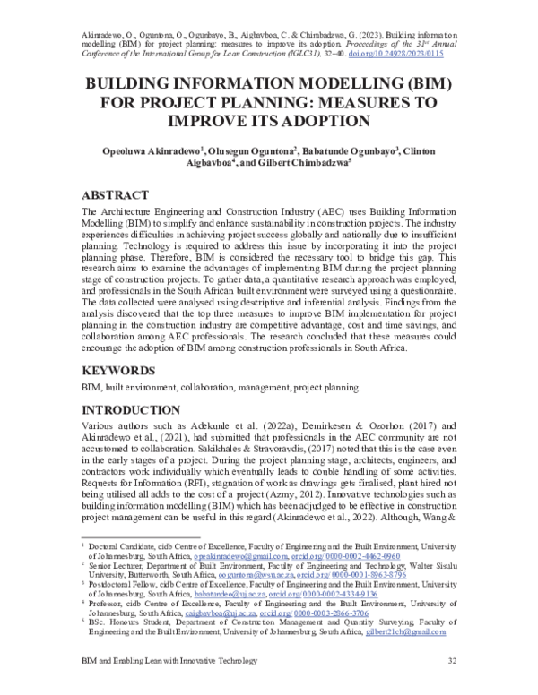 (PDF) Building Information Modelling (BIM) for Project Planning: Measures to Improve Its Adoption