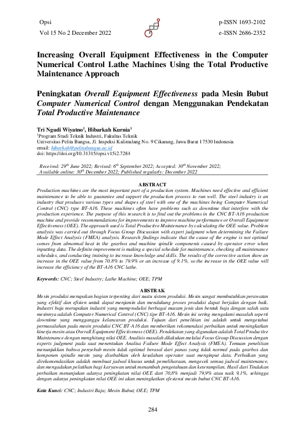 (PDF) Increasing Overall Equipment Effectiveness in the Computer Numerical Control Lathe ...