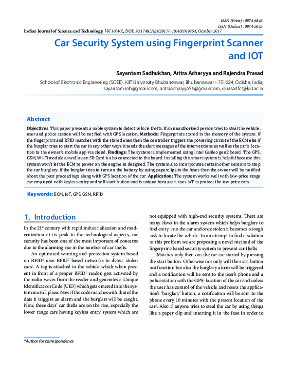 (PDF) Car Security System using Fingerprint scanner and IOT