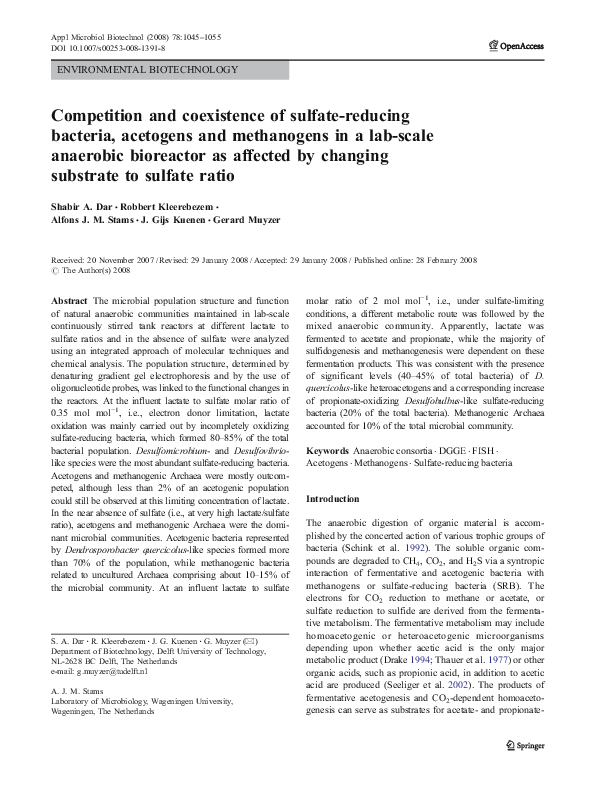 (PDF) Competition and coexistence of sulfate-reducing bacteria, acetogens and methanogens in a ...