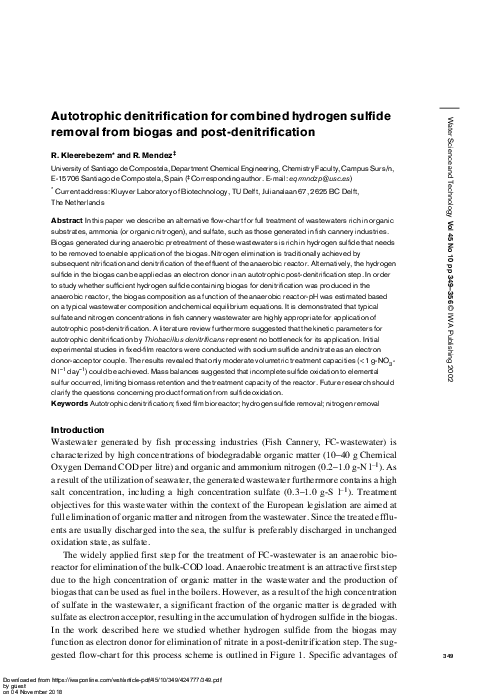 (PDF) Autotrophic denitrification for combined hydrogen sulfide removal ...