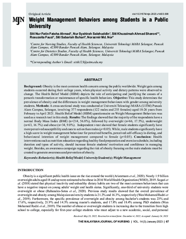(PDF) Weight Management Behaviors among Students in a Public University
