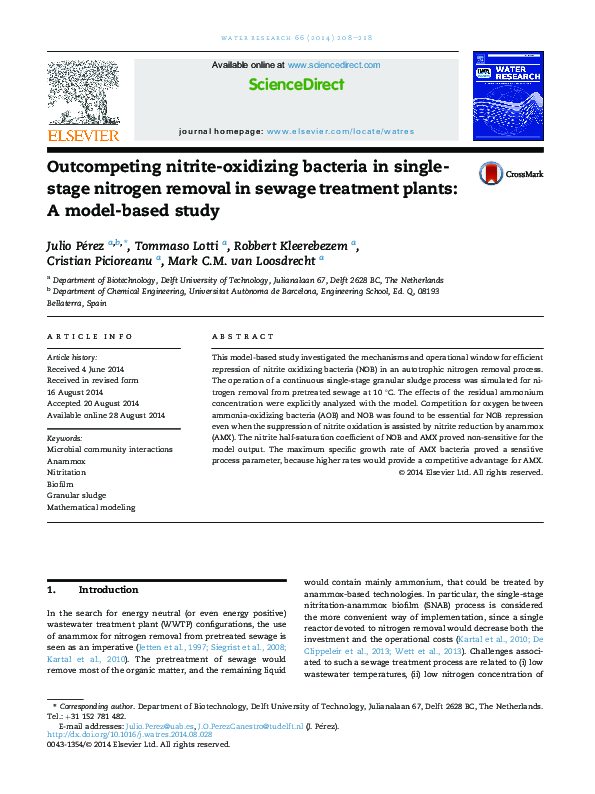 (PDF) Outcompeting nitrite-oxidizing bacteria in single-stage nitrogen ...