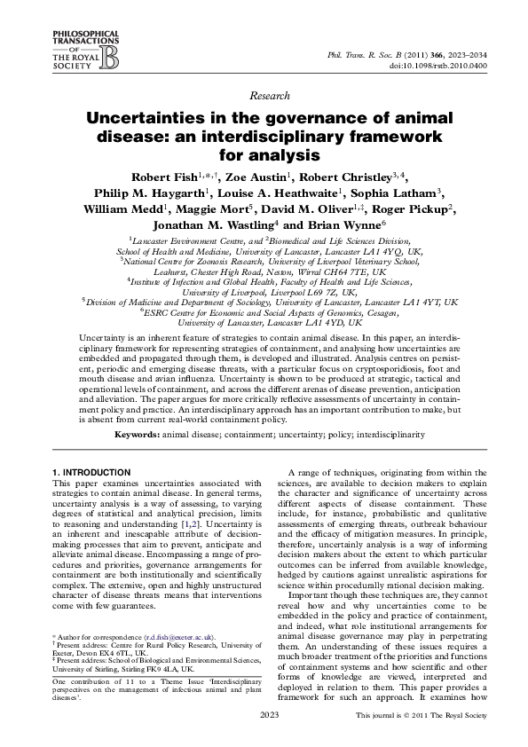 (PDF) Uncertainties in the governance of animal disease: an ...