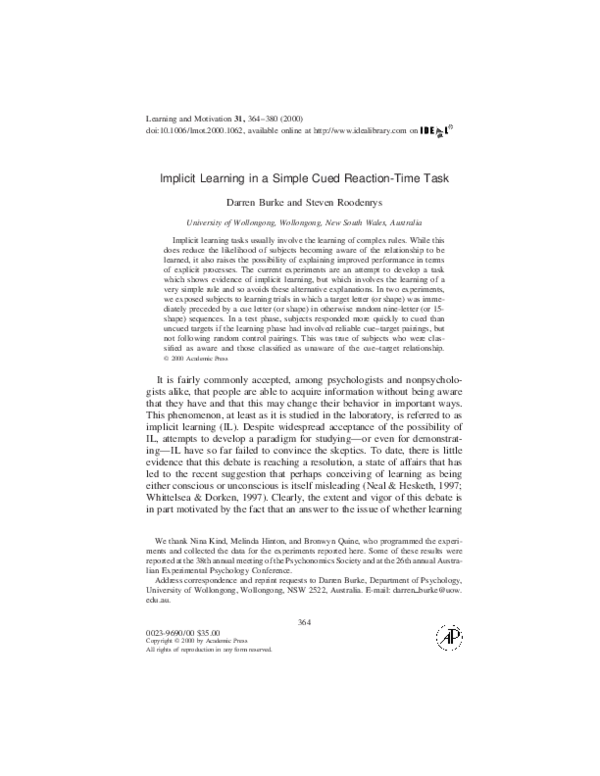 (PDF) Implicit Learning in a Simple Cued Reaction-Time Task