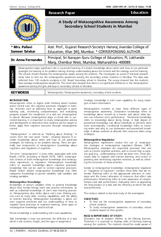 (PDF) A Study of Metacognitive Awareness Among Secondary School Students in Mumbai