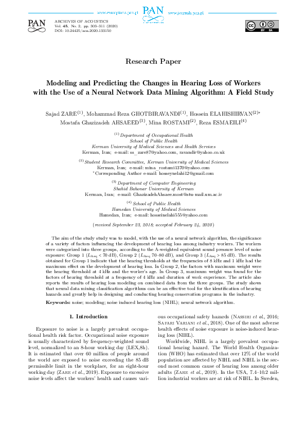 (PDF) Modeling and Predicting the Changes in Hearing Loss of Workers with the Use of a Neural ...