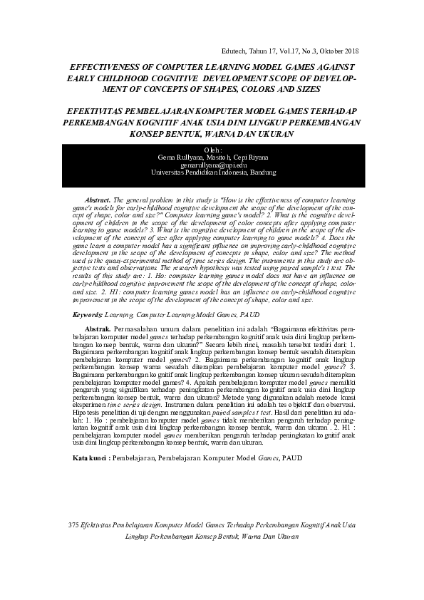 (PDF) Effectiveness of Computer Learning Model Games Against Early Childhood Cognitive ...