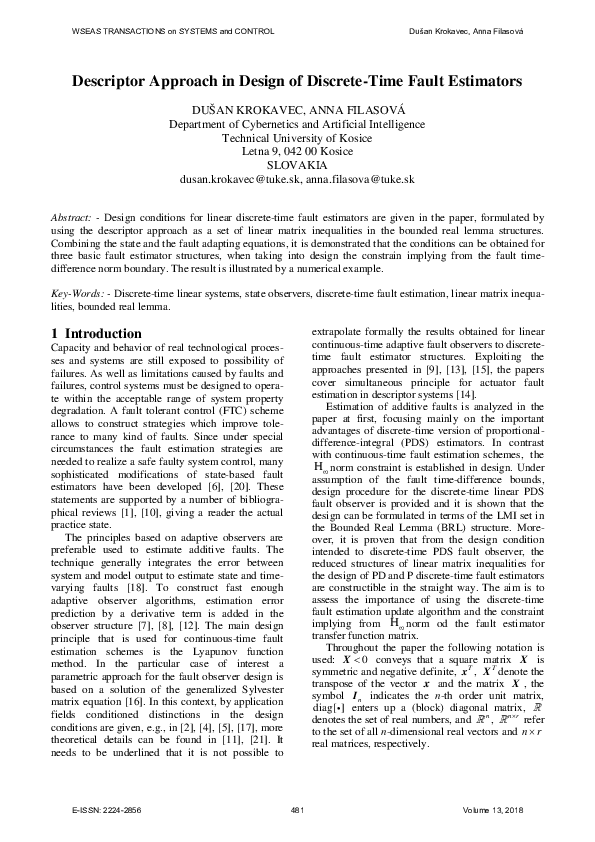 (PDF) Descriptor Approach in Design of Discrete-Time Fault Estimators