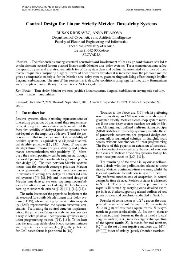 (PDF) Control Design for Linear Strictly Metzler Time-delay Systems