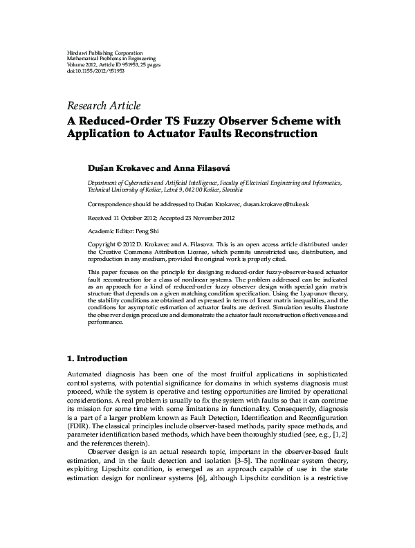 (PDF) A Reduced-Order TS Fuzzy Observer Scheme with Application to Actuator Faults ...