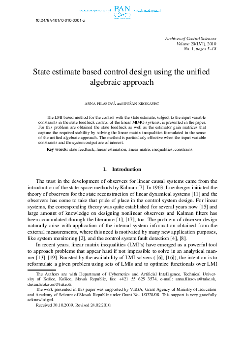 (PDF) State estimate based control design using the unified algebraic ...