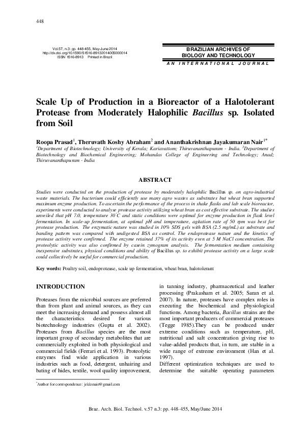 (PDF) Scale up of production in a bioreactor of a halotolerant protease from moderately ...