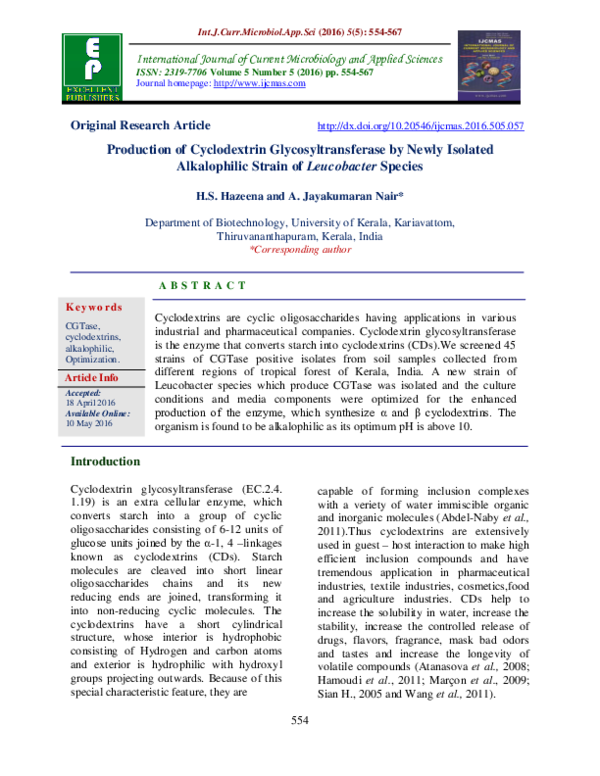 (PDF) Production of Cyclodextrin Glycosyltransferase by Newly Isolated Alkalophilic Strain of ...
