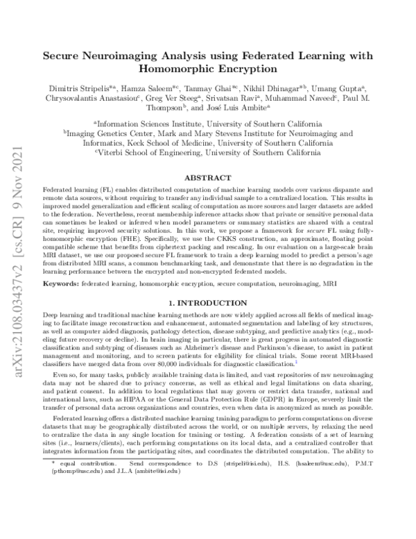 (PDF) Secure Neuroimaging Analysis using Federated Learning with Homomorphic Encryption
