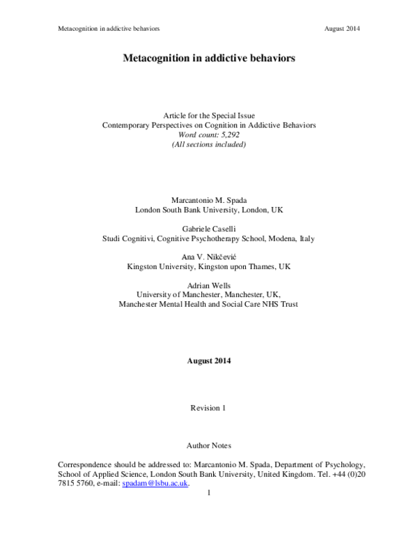 (PDF) Metacognition in addictive behaviors
