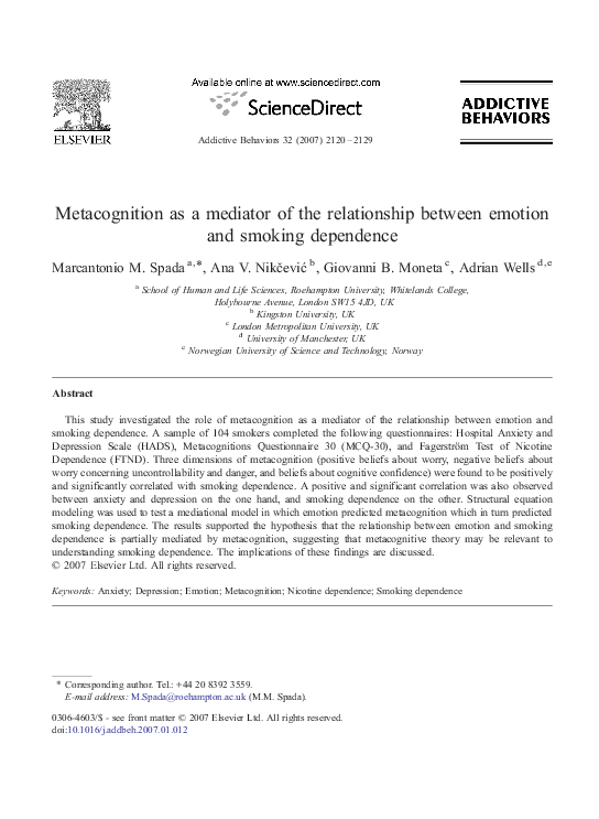 (PDF) Metacognition as a mediator of the relationship between emotion and smoking dependence