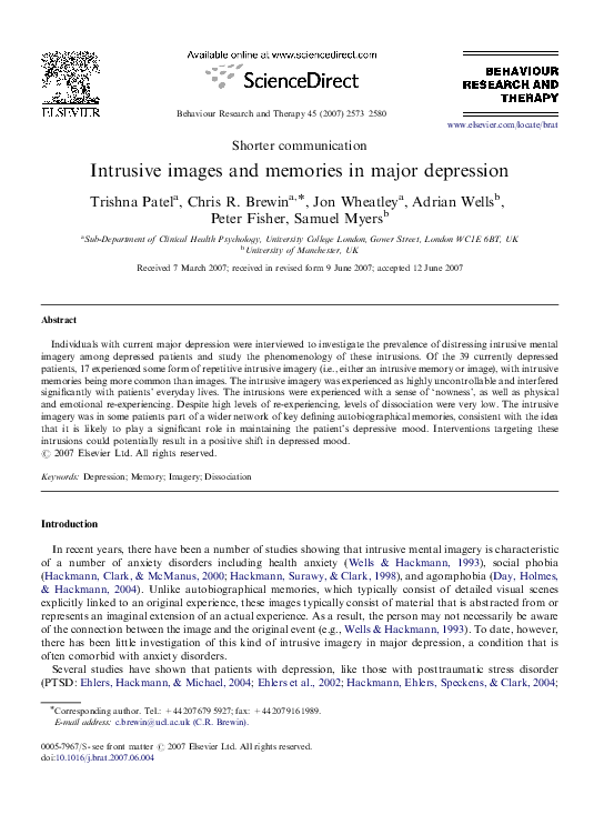 (PDF) Intrusive images and memories in major depression | Adrian Wells ...