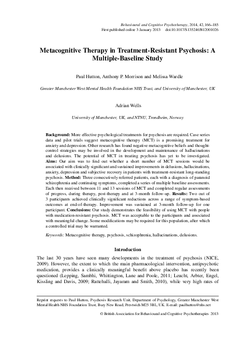 (PDF) Metacognitive therapy in treatment-resistant depression: A platform trial | Adrian Wells ...