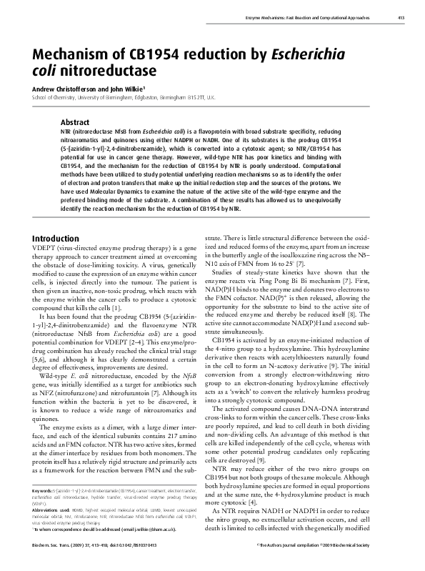 (PDF) Mechanism of CB1954 reduction by Escherichia coli nitroreductase