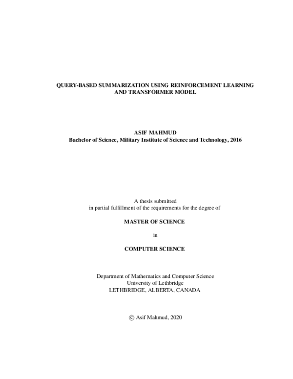 Pdf Query Based Summarization Using Reinforcement Learning And Transformer Model
