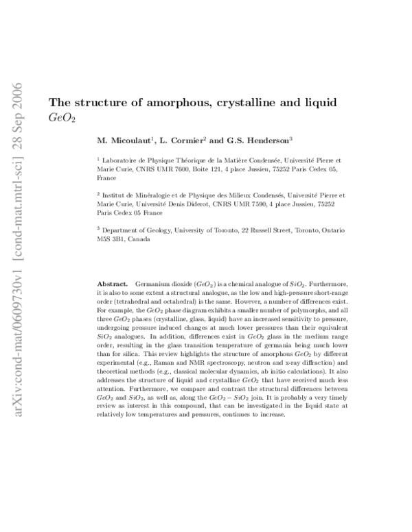 (PDF) The structure of amorphous, crystalline and liquid GeO2