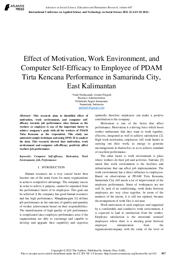 (PDF) Effect of Motivation, Work Environment, and Computer Self-Efficacy to Employee of PDAM ...
