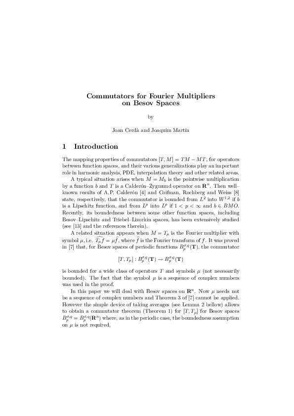 Pdf Commutators For Fourier Multipliers On Besov Spaces