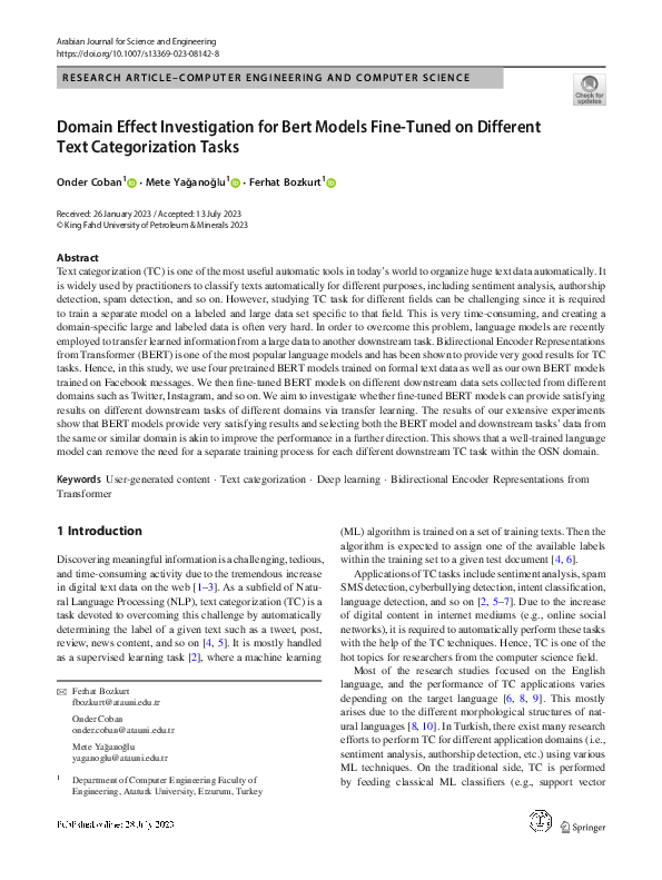 (PDF) Domain Effect Investigation for Bert Models Fine-Tuned on Different Text Categorization Tasks